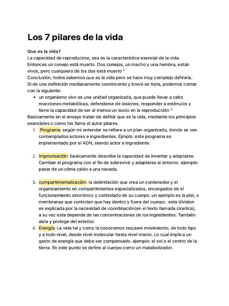 Los 7 pilares de la vida humana | PDF | Vida | Metabolismo
