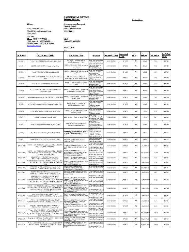 Commercial Invoice Delivery Address:: Phone: 0044 2070787225 Vat: EORI ...
