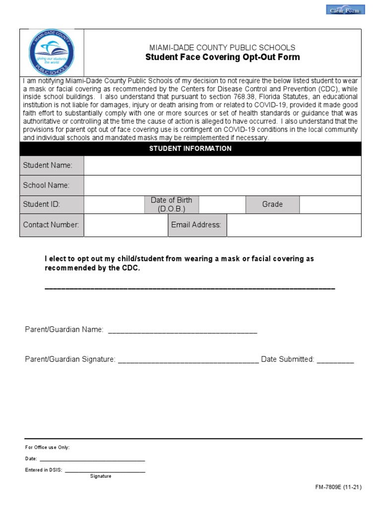 Miami-Dade School Mask Opt-Out Form | PDF