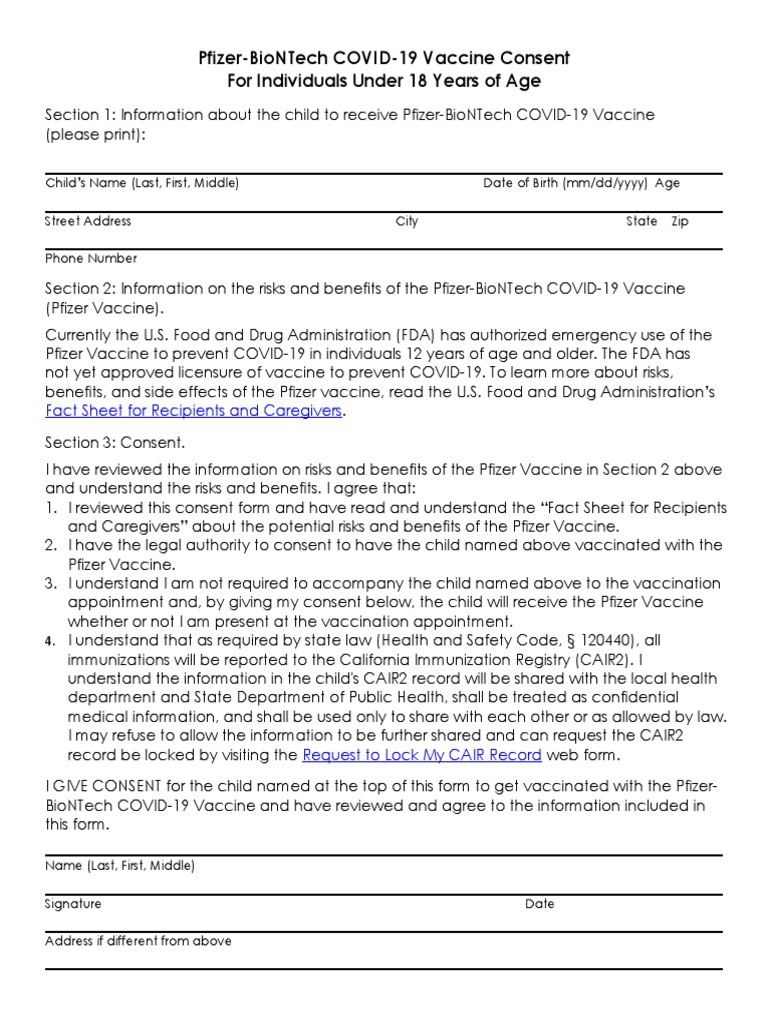 Pfizer Vaccine Consent for Minors | PDF | Vaccines | Pfizer