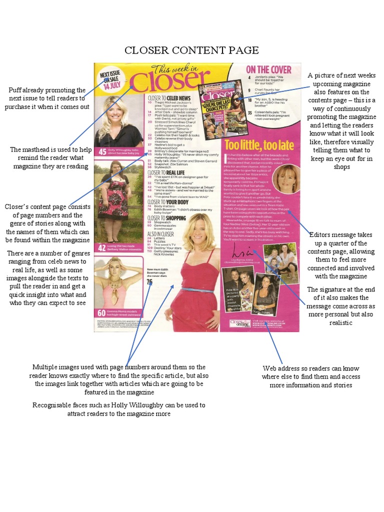 'Closer' Magazine Contents Page Analysis | PDF | Magazines | Communication