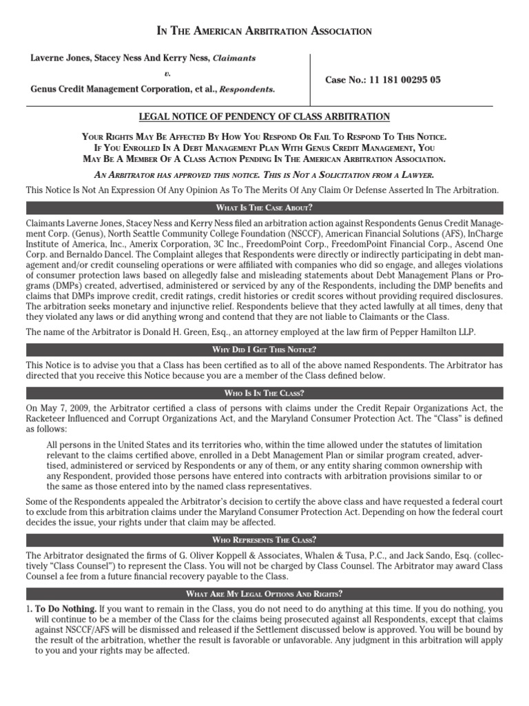 Genus Debt Management Class Arbitration Notice | PDF | Arbitration ...