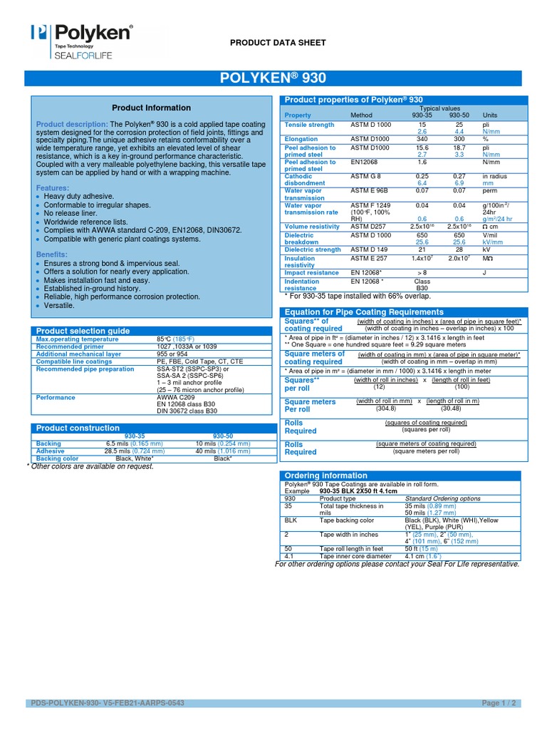 Polyken 930: Product Data Sheet | PDF | Humidity | Pipe (Fluid Conveyance)