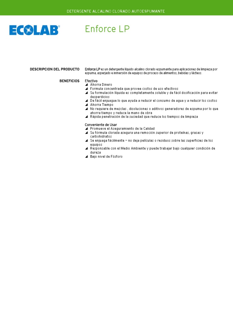 6.4.12. Enforce LP Tech Sheet MX Spanish 2009 | PDF | Detergente | Agua