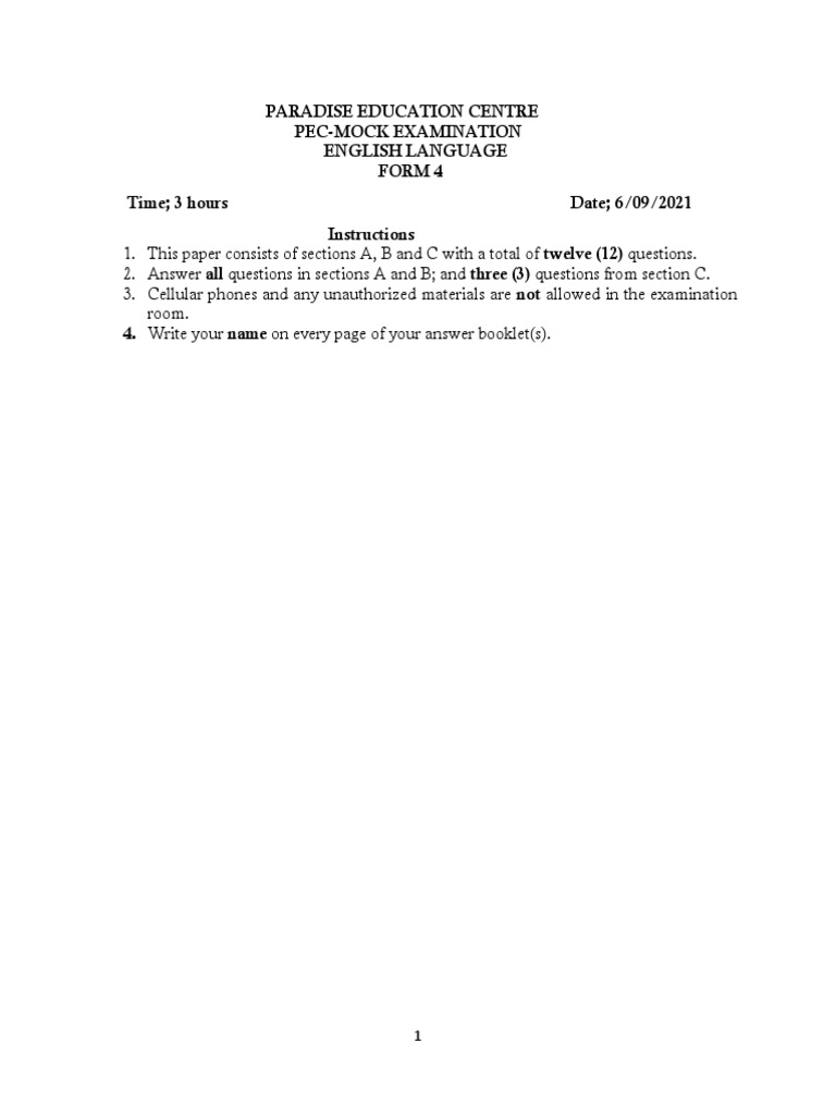 F4-English Pec-Mock Exam 6.09.2021 | PDF
