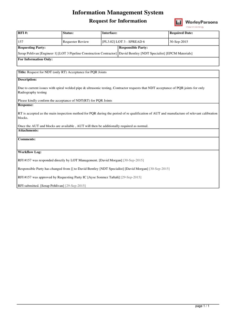 RFI-157 Request For NDT (Only RT) Acceptance For PQR Joints | PDF ...