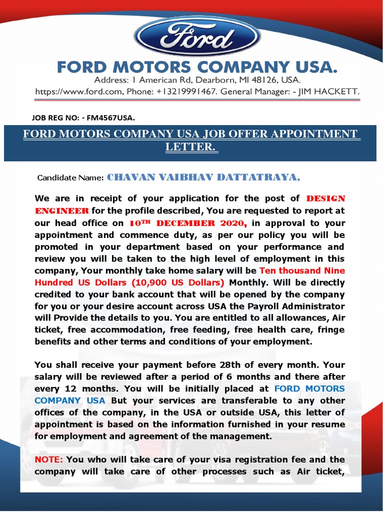 Ford USA Job Offer Appointment Letter | PDF