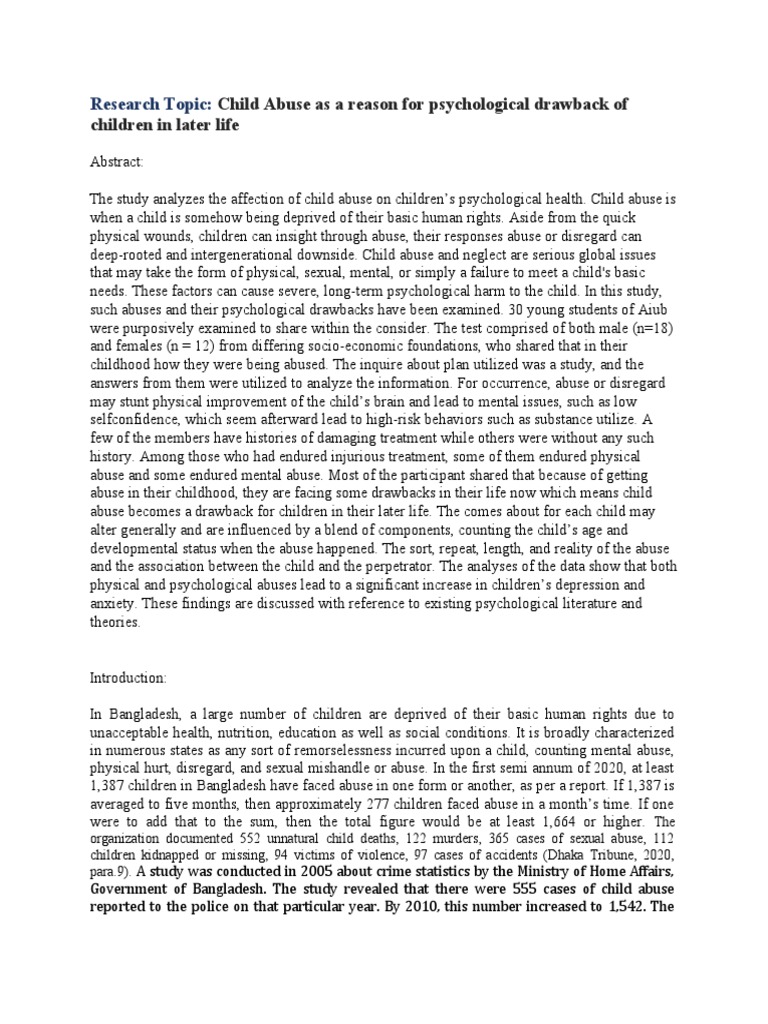 Research Topic:: Child Abuse As A Reason For Psychological Drawback of ...