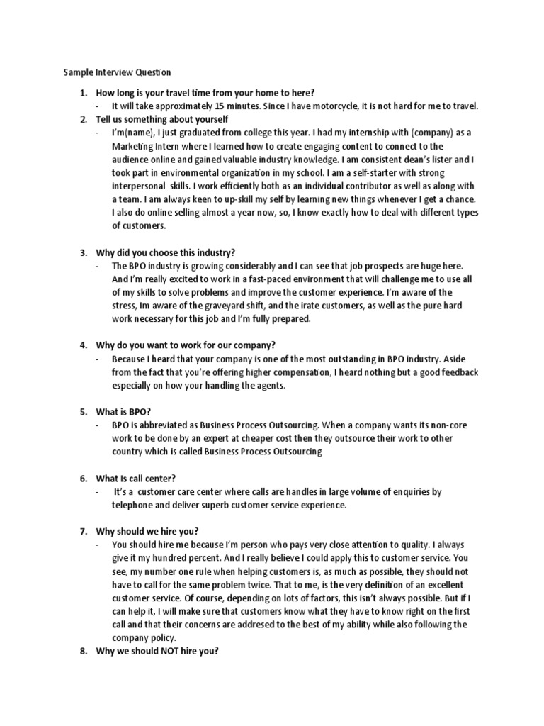 Sample Interview Question | PDF | Outsourcing | Stress (Biology)