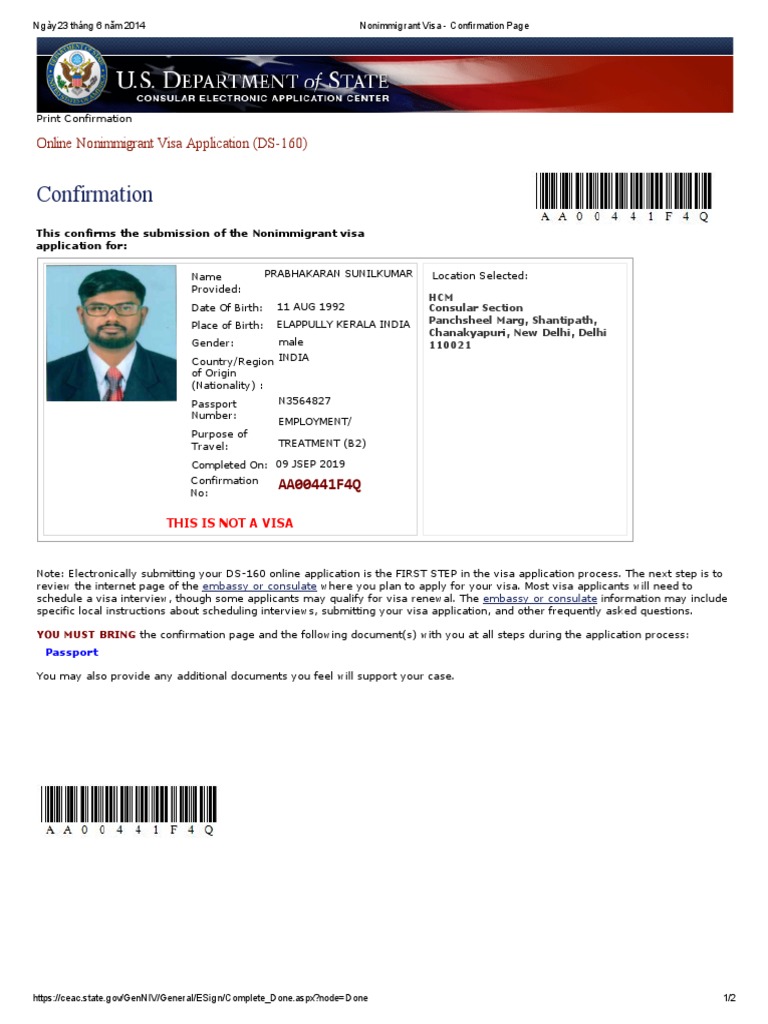 Confirmation: Online Nonimmigrant Visa Application (DS-160) | Download ...