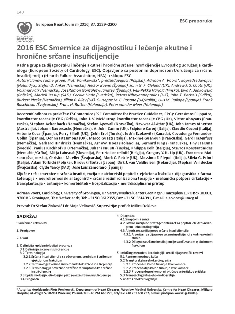 2016 ESC Smernice Za Dijagnostiku i Lečenje Akutne i Hronicne Srcane Insuficijencije | PDF
