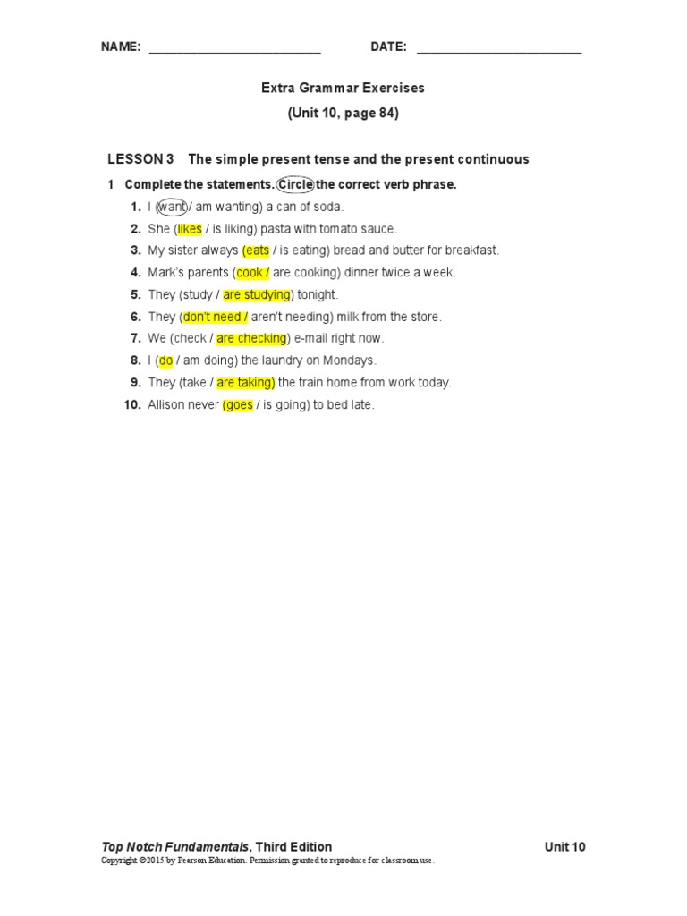 Extra Grammar Exercises (Unit 10, Page 84) : Top Notch Fundamentals, Third Edition | PDF ...