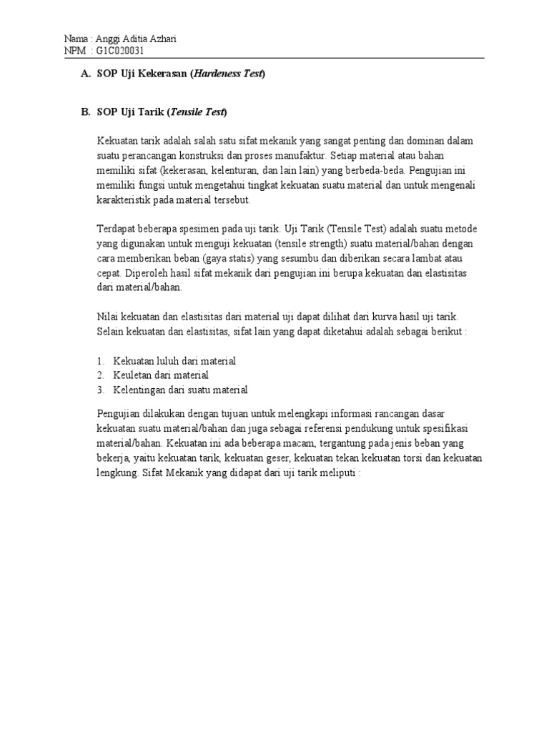 SOP Uji Kekerasan, Tarik, Impak, Dan Heat Treatment | PDF
