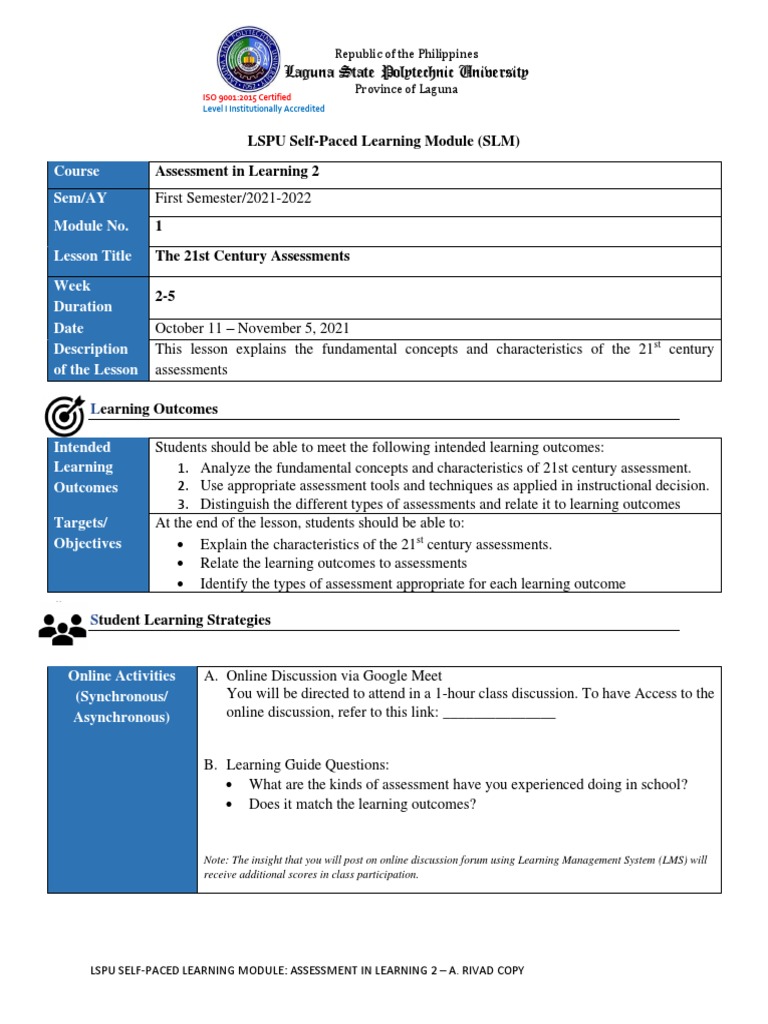 Module 1 Assessment in Learning 2 A Rivad | PDF | Educational Assessment | Teachers