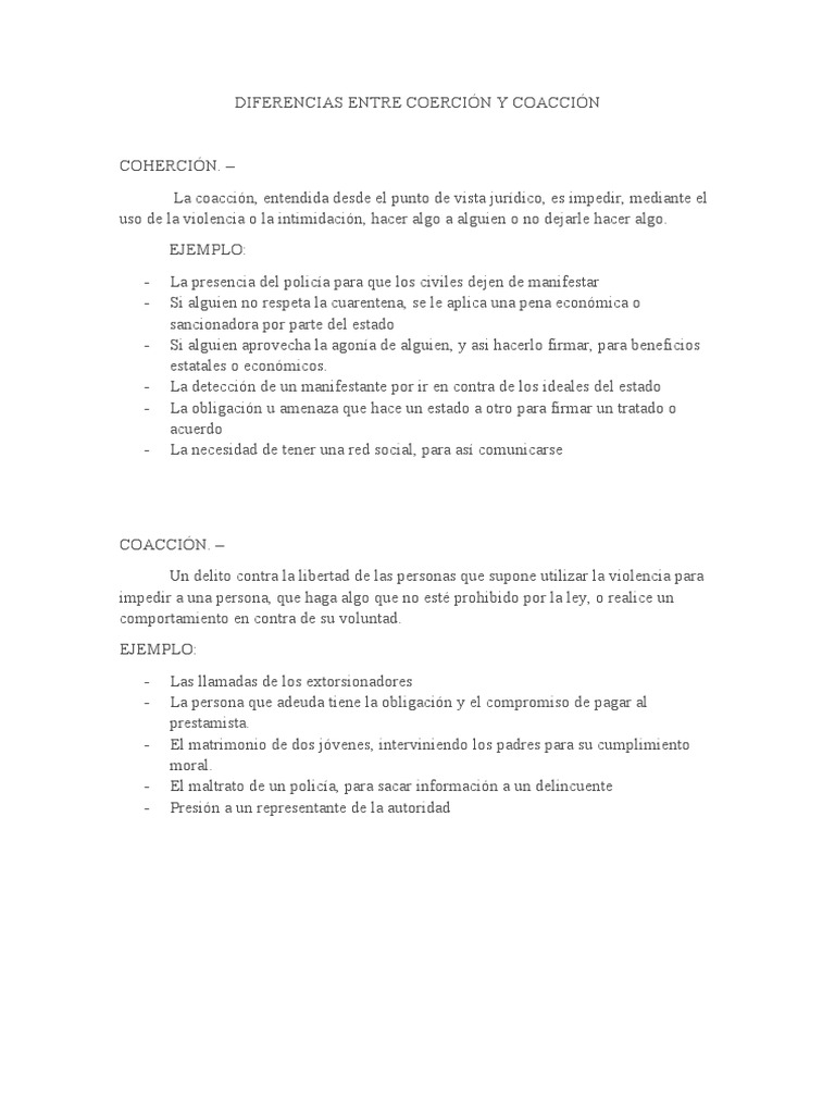 DIFERENCIAS ENTRE COERCIÓN Y COACCIÓN | PDF