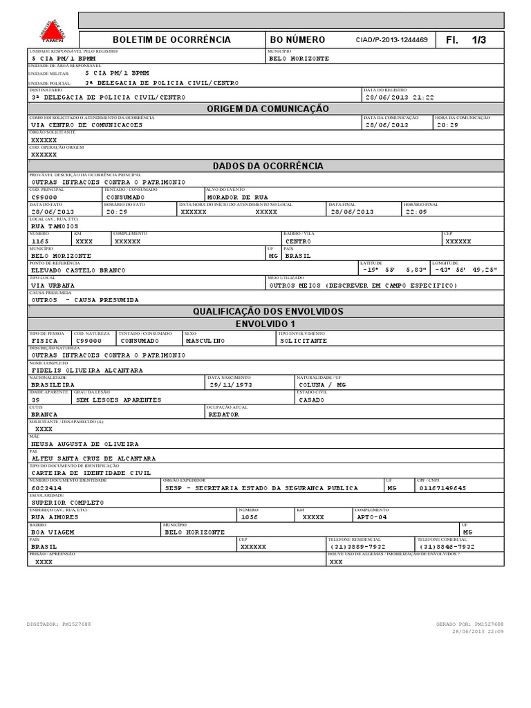 Boletim de Ocorrência - Belo Horizonte | PDF | Polícia | Segurança pública