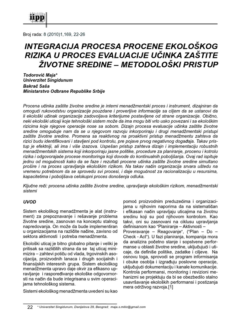 Integracija Procesa Procene Ekološkog Rizika U Proces Evaluacije U Ýinka Zaštite Životne Sredine ...