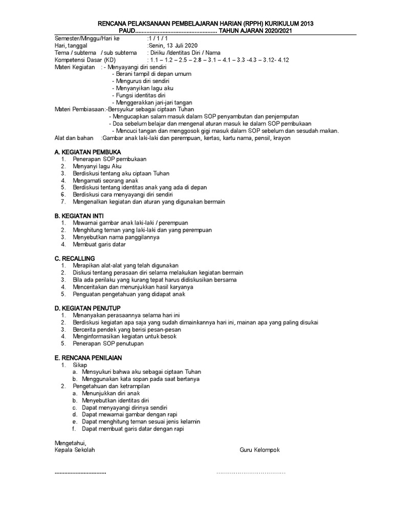 RPPH Paud Tema Diri Sendiri Sub Tema Identitas Diri Minggu Ke 1 | PDF
