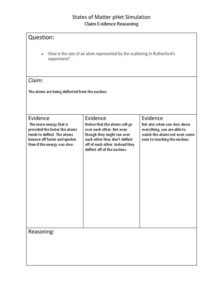 States of Matter Phet Simulation: Claim Evidence Reasoning | PDF