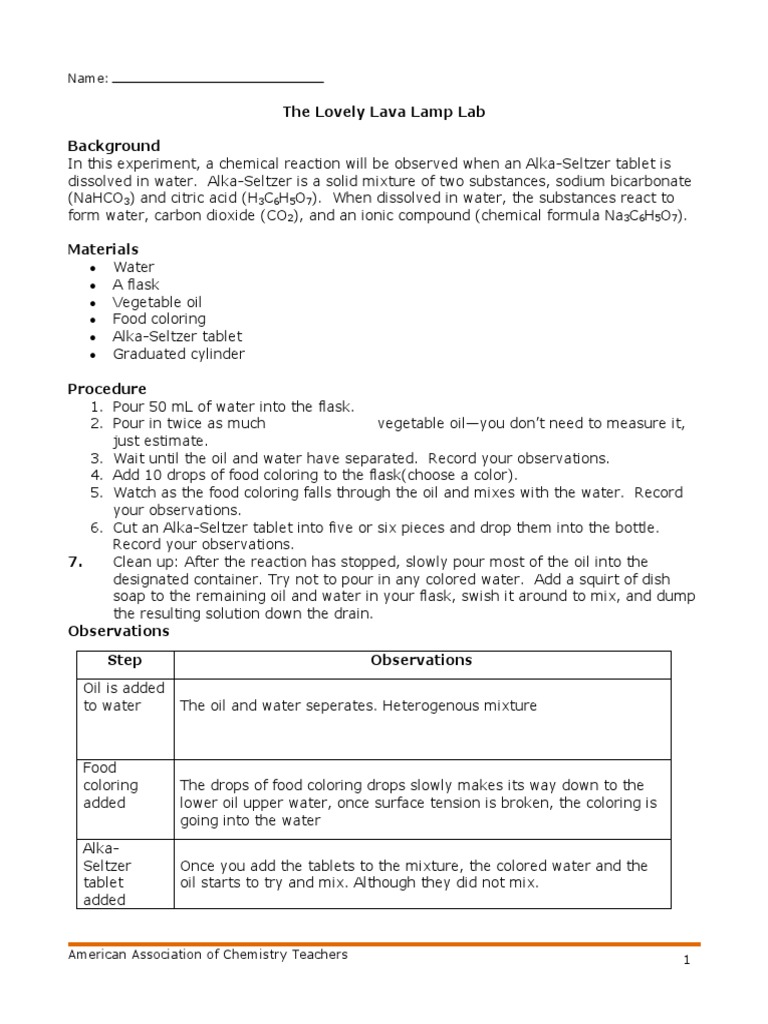 The Lovely Lava Lamp Lab Background: Name | PDF | Sodium Bicarbonate ...
