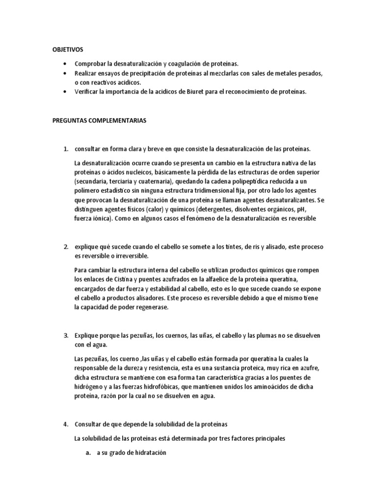 Preguntas Complementarias. | PDF | Desnaturalización (bioquímica) | Proteínas