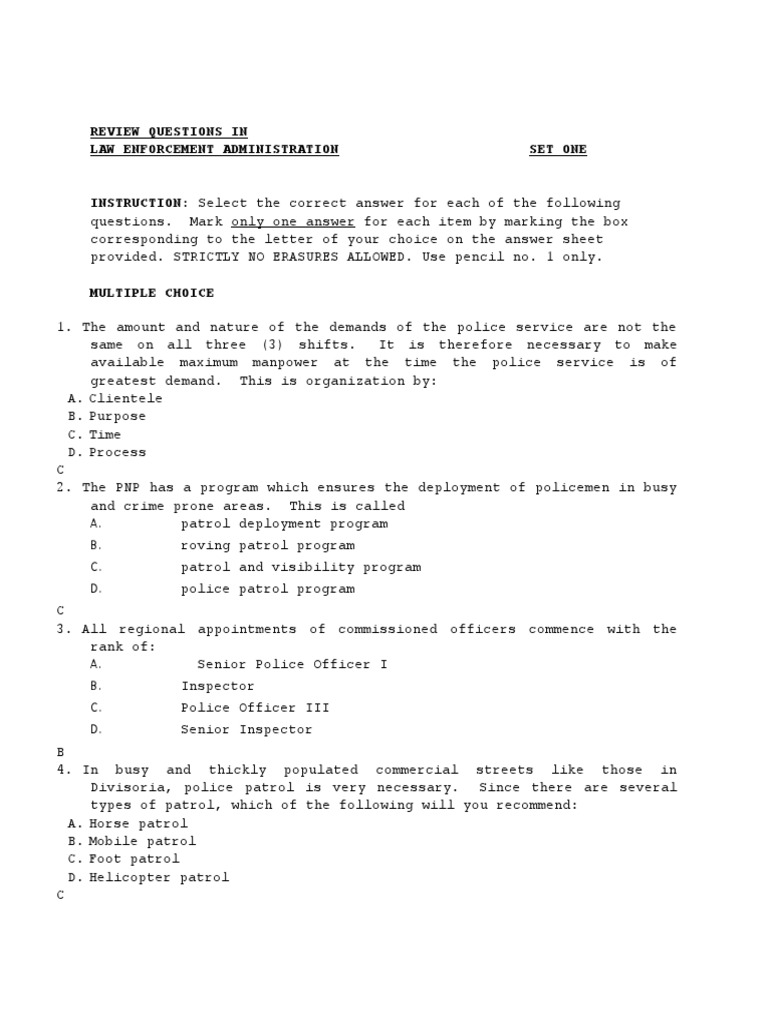 Review Questions in Law Enforcement Administration Set One | PDF ...