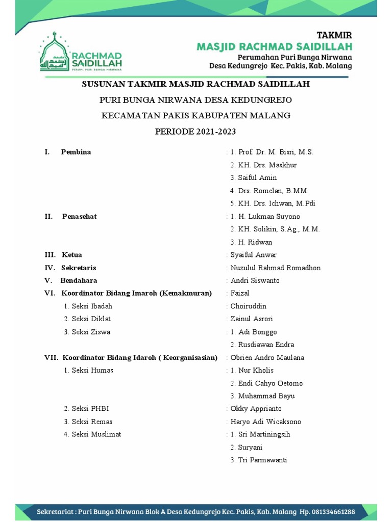 Susunan Takmir Masjid Rachmad Saidillah | PDF