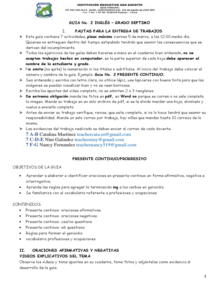 Guia No 2 Ingles Presente Continuo 7a 7b 7c 7d 7e 7f 7g | PDF | Verbo ...
