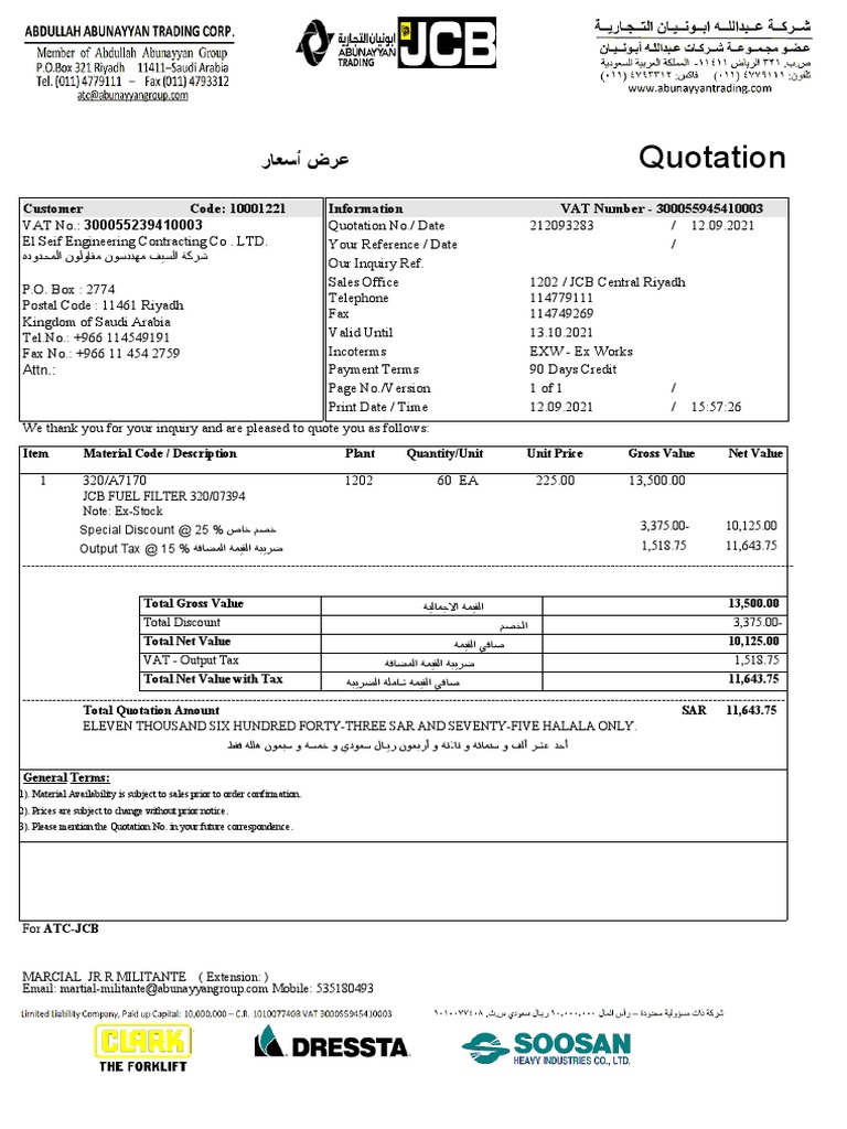 Quotation: Customer Code: 10001221 Information VAT Number ...