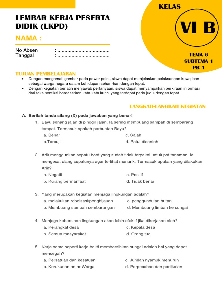 LKPD Kelas 6 - Tema 6 - Subtema 1 | PDF