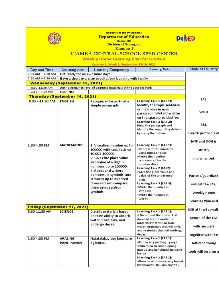 Kiamba Central School Sped Center: Weekly Home Learning Plan For Grade ...