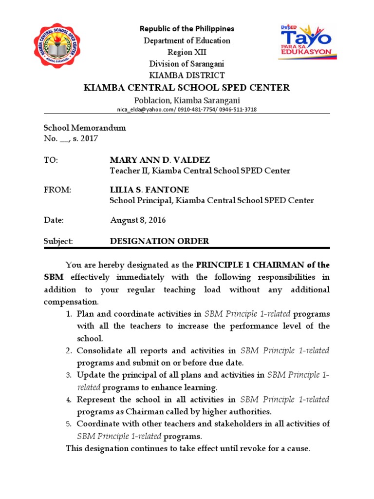 Multiple Designation Orders for Teacher Responsibilities at Kiamba Central School SPED Center ...