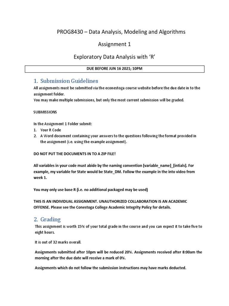 PROG8430 - Data Analysis, Modeling and Algorithms Assignment 1 Exploratory Data Analysis With R ...