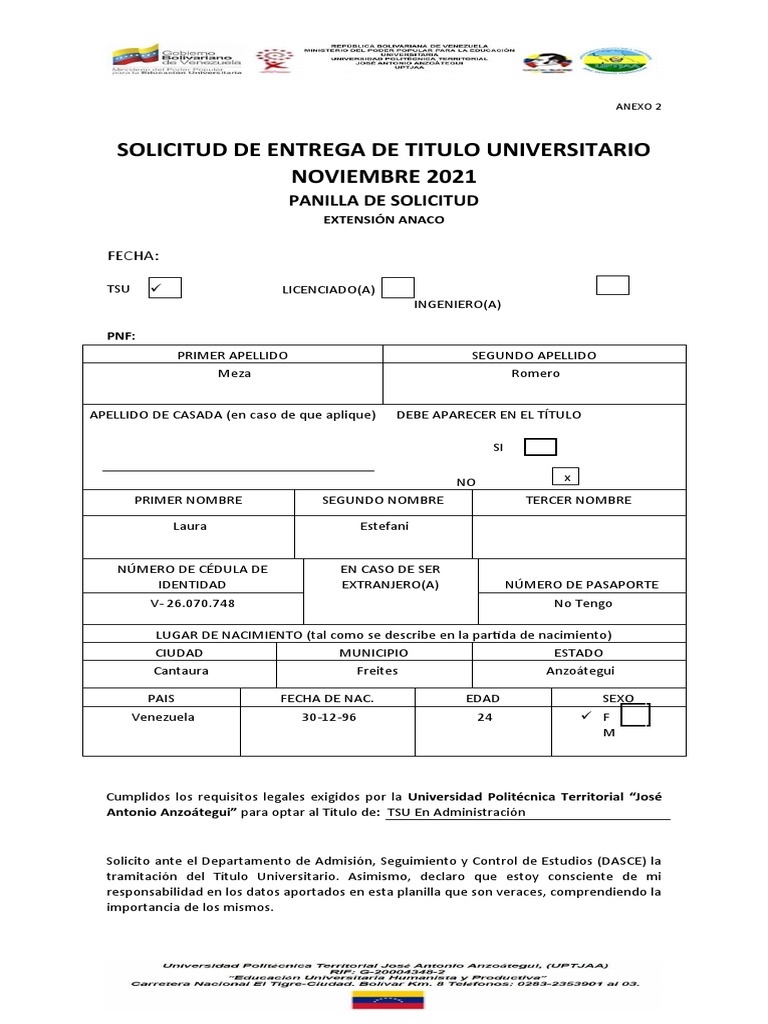 Planilla Solicitud de Titulo 2021 | PDF