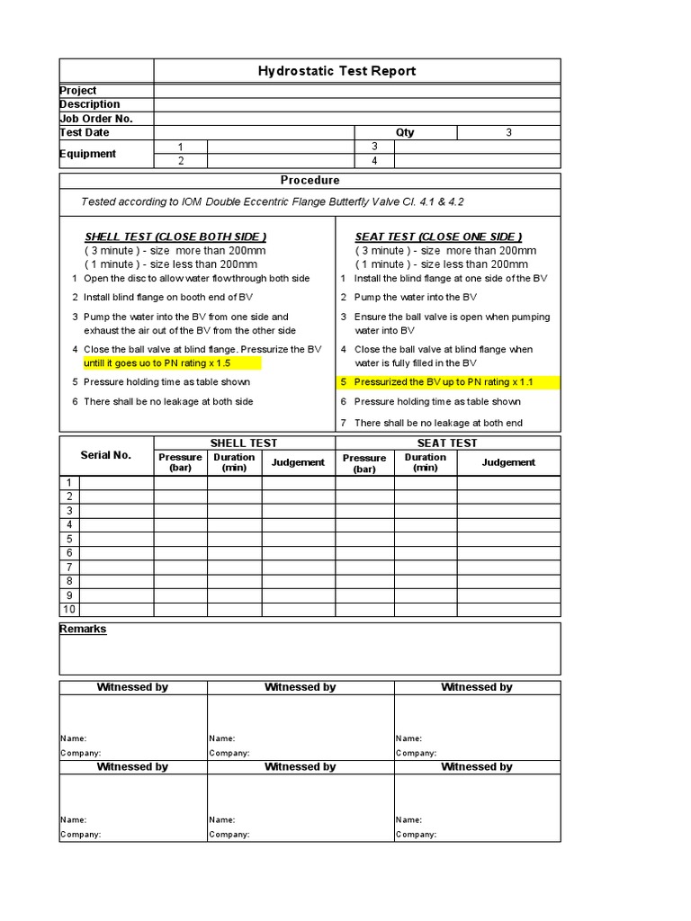 Hydrostatic Test Report: Project Description Job Order No. Test Date ...