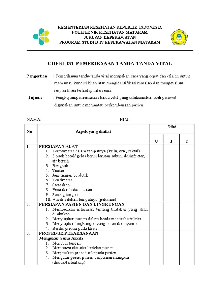 Checklist Pemeriksaan Tanda Vital Keperawatan | PDF