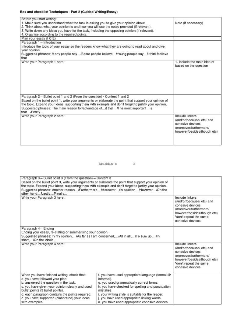 Box and Checklist Techniques - Part 2 (Guided Writing/Essay) | PDF ...