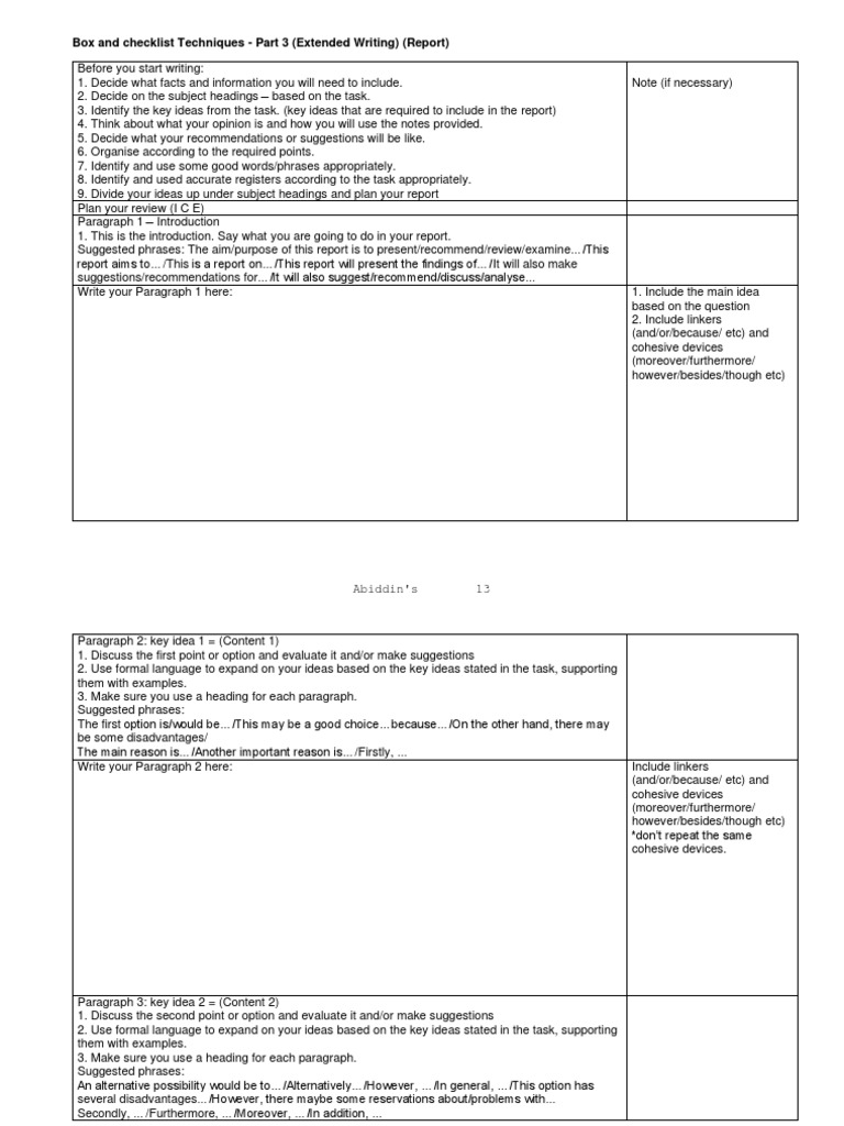 Box and Checklist Techniques - Part 3 (Extended Writing) (Report) | PDF ...