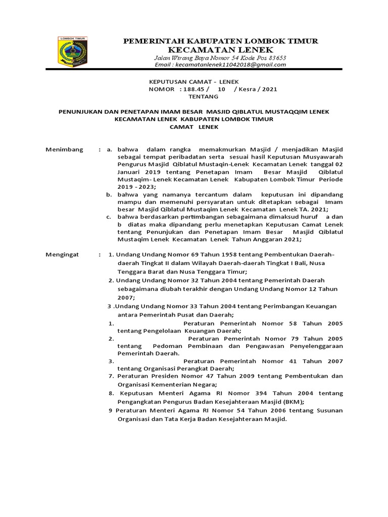 SK Imam Besar Masjid Kecamatan Lenek Tahun 2021 | PDF