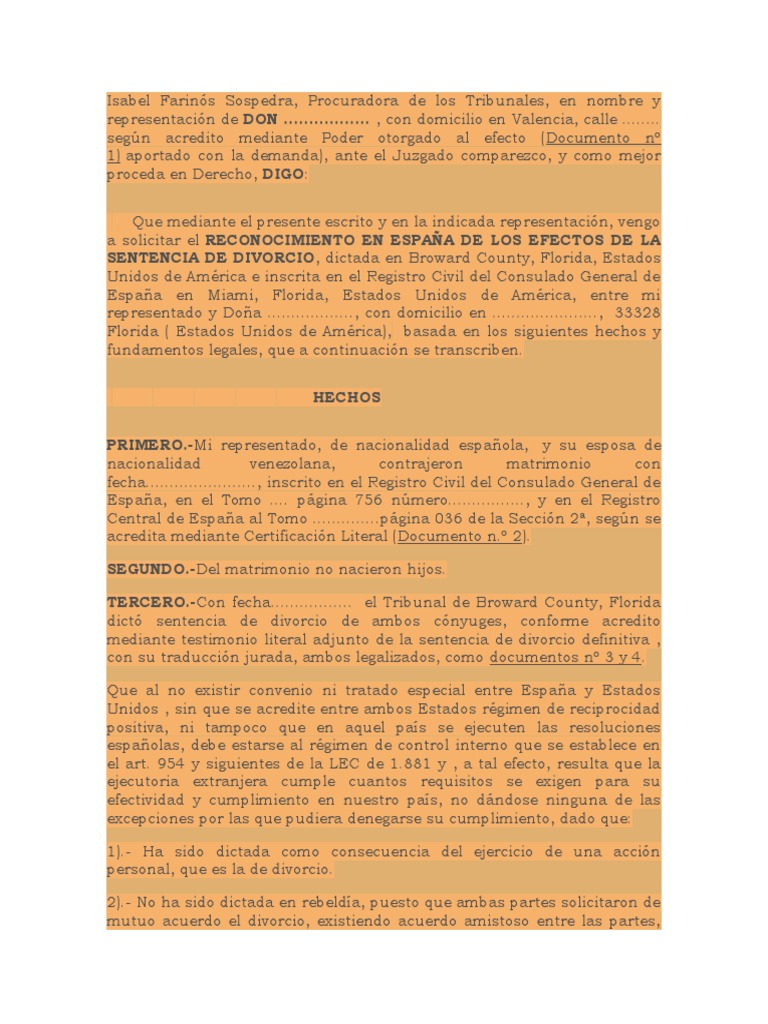 Demanda Exequatur | PDF | Divorcio | Sentencia (ley)