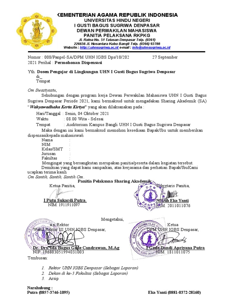PERMOHONAN DISPENSASI UNTUK KEGITAN SHARING AKADEMIK | PDF