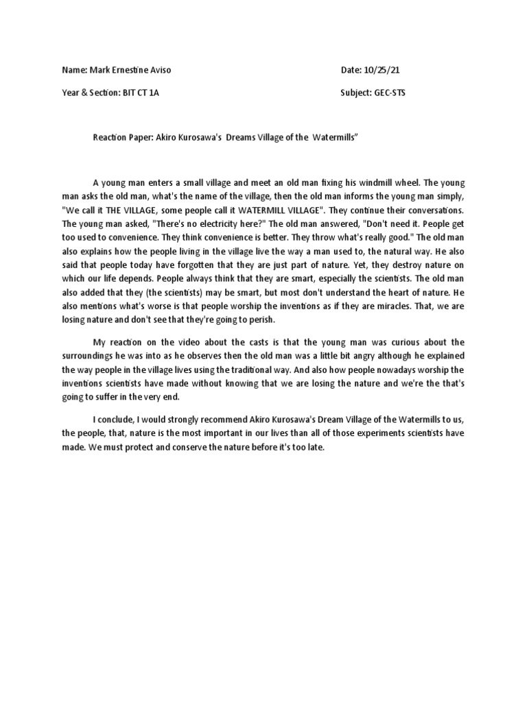 Reaction Paper Akiro Kurosawas Dreams Village of The Watermills | PDF