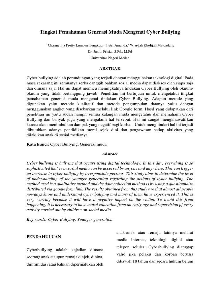 Tingkat Pemahaman Generasi Muda Mengenai Cyber Bullying (Ri PKN Kel 7) | PDF