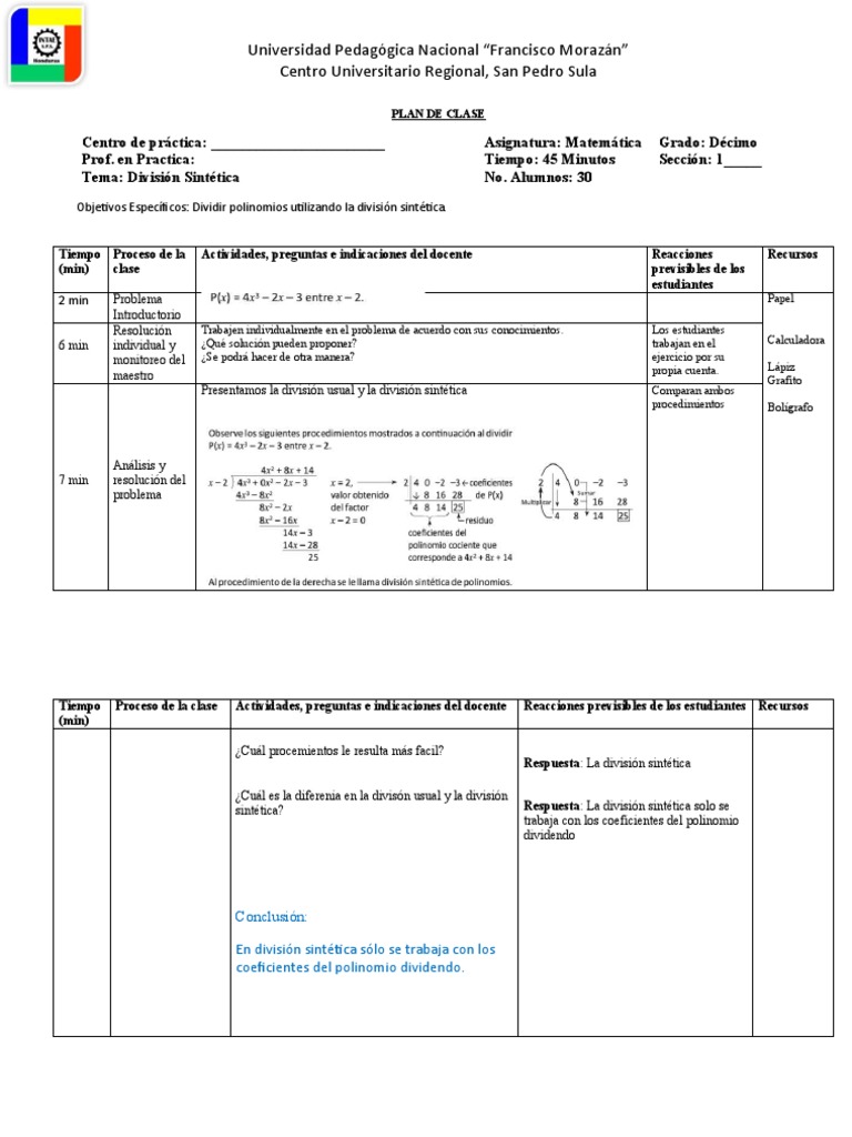Plan de Clase Demostrativa - División Sintética | PDF | División (Matemáticas) | Álgebra abstracta