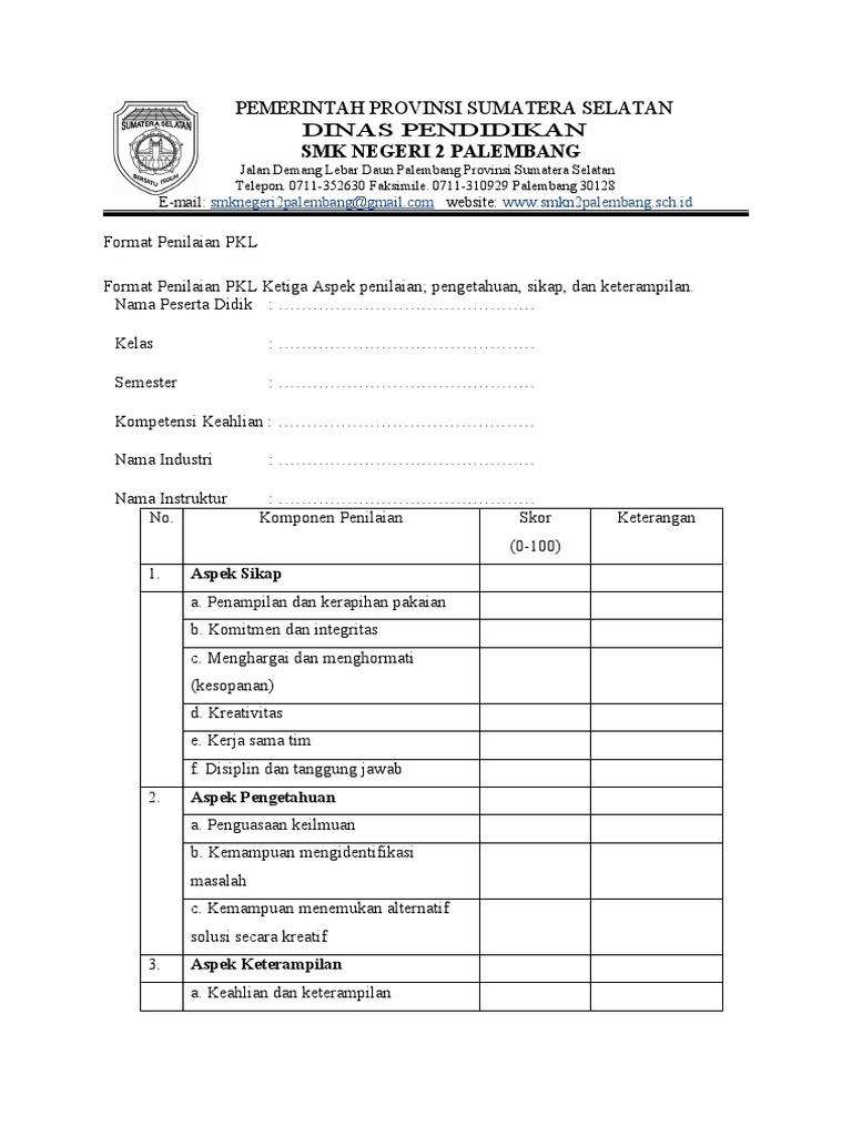 Format Penilaian PKL SMK Kurikulum Merdeka | PDF