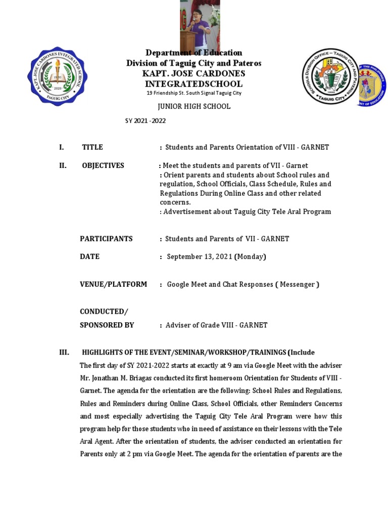 Narrative Report For My Orientation | PDF | Communication