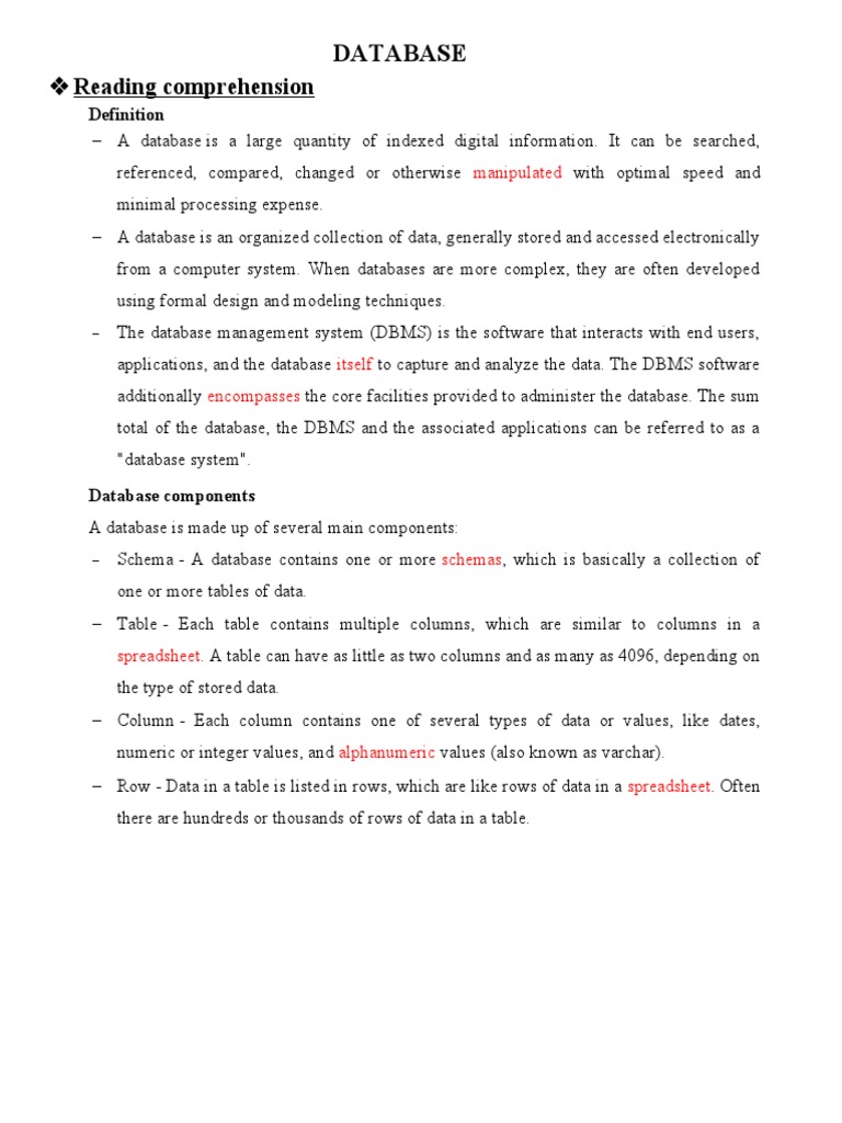 Database: Reading Comprehension | PDF | Databases | Spreadsheet