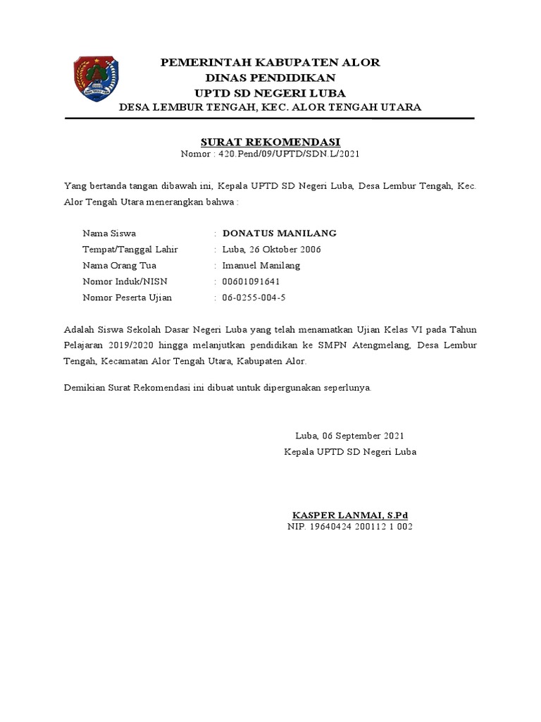 Surat Rekomendasi Siswa SD Luba | PDF
