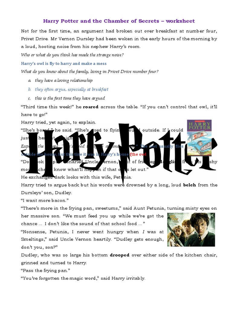 Harry Potter and The Chamber of Secrets - Worksheet: Harry's Owl Is Fly ...