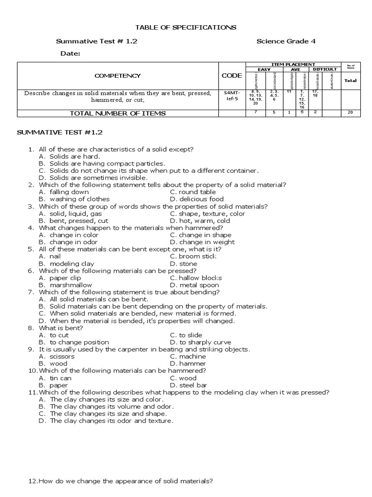 Table of Specifications Summative Test # 1.2 Science Grade 4 Date | PDF ...